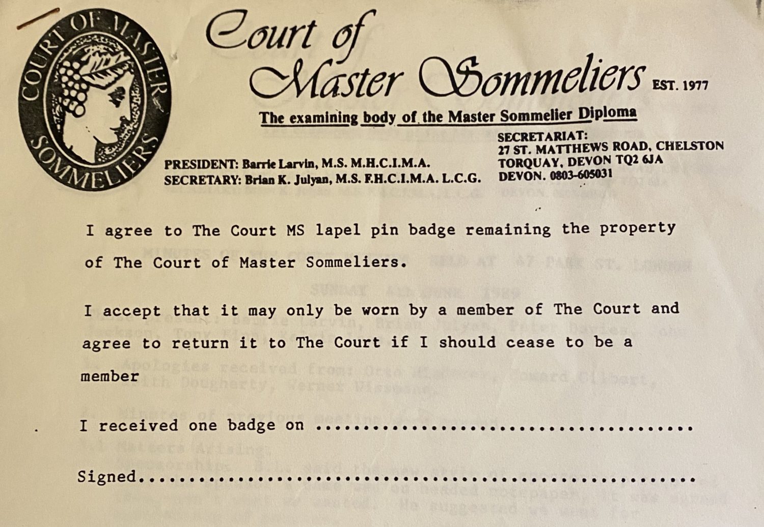 Historical Documents - Court of Master Sommeliers Europe